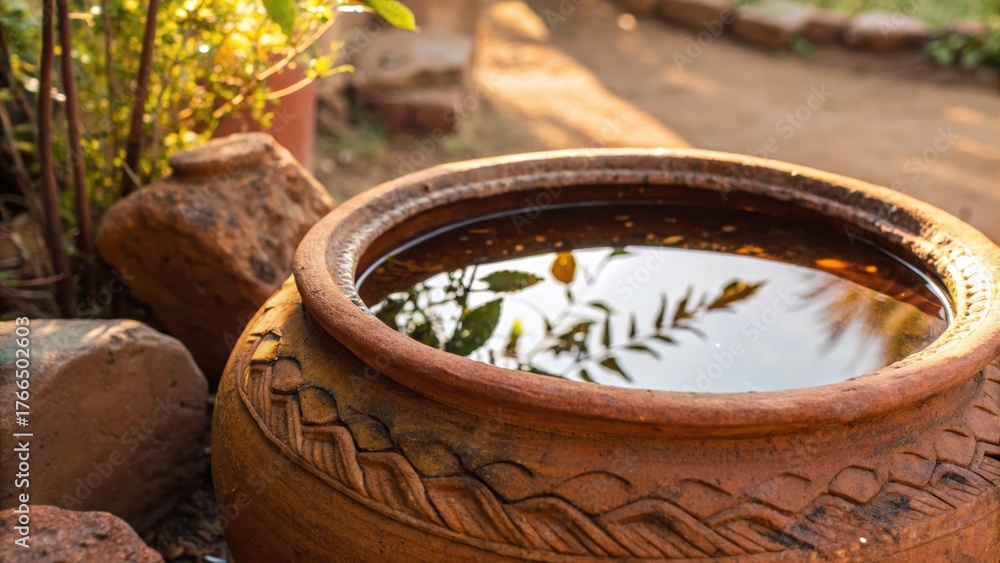 Traditional clay pot in Indian tribal village reflects serene ...