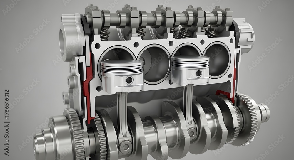 Detailed cross section of a modern internal combustion engine showing ...