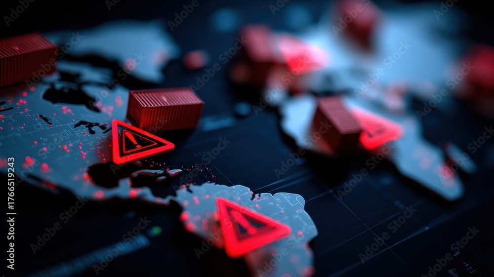 supply chain manufacturing cost concept. Map with red warning signs and ...