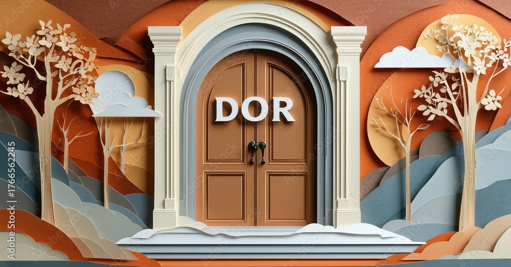 Ilustración de Stock Papercraft doorway scene. Trees, clouds, sun ...