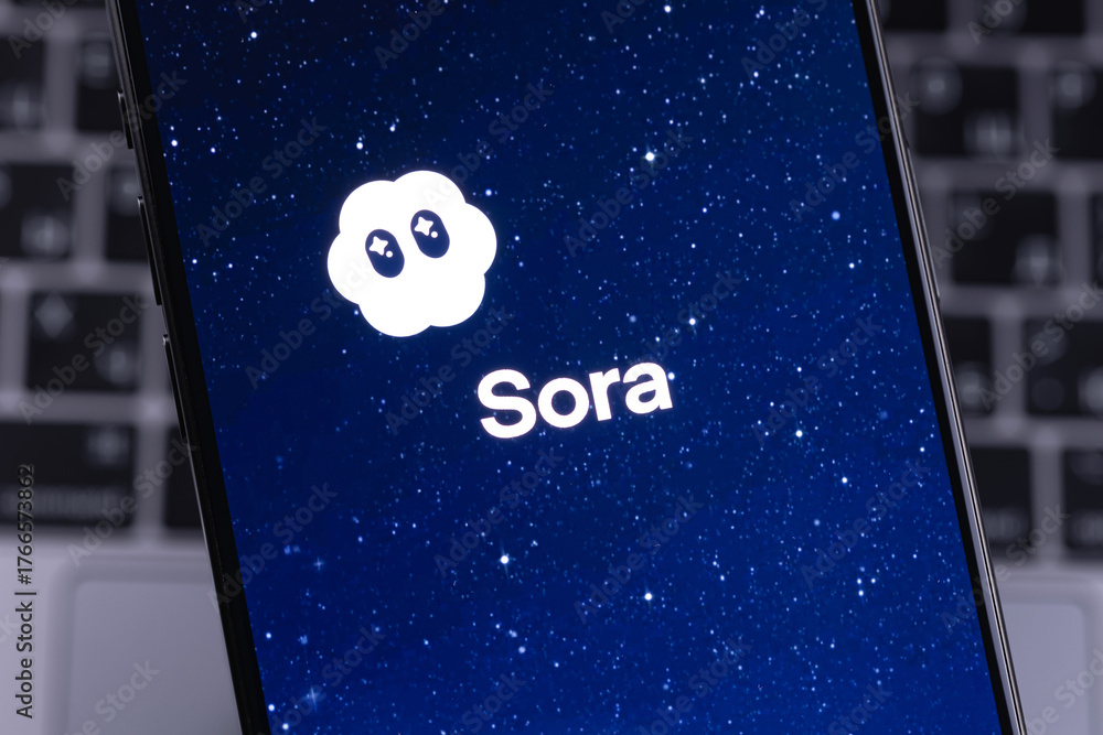 Sora mobile logo app on a screen smartphone iPhone. Sora is an AI model ...