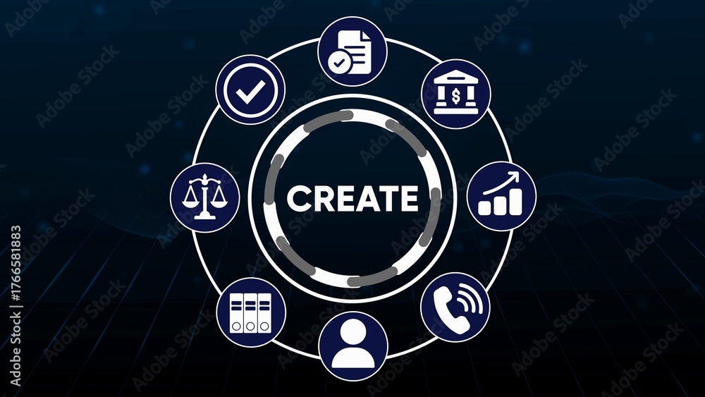 Circular diagram with icons for create process legal banking growth communication human ...