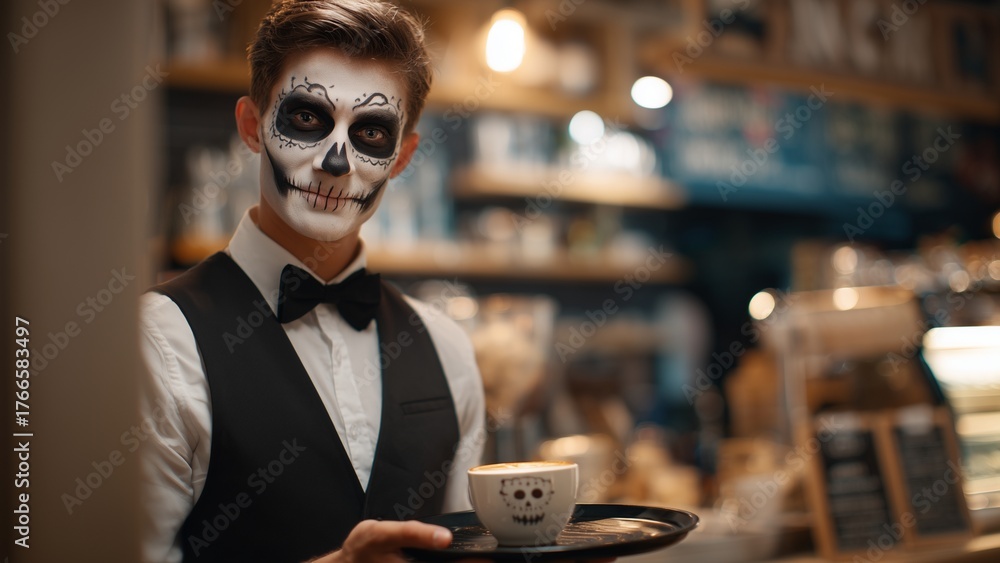 Halloween Themed Service: Waiter Dressed in Makeup and Costume Handing ...