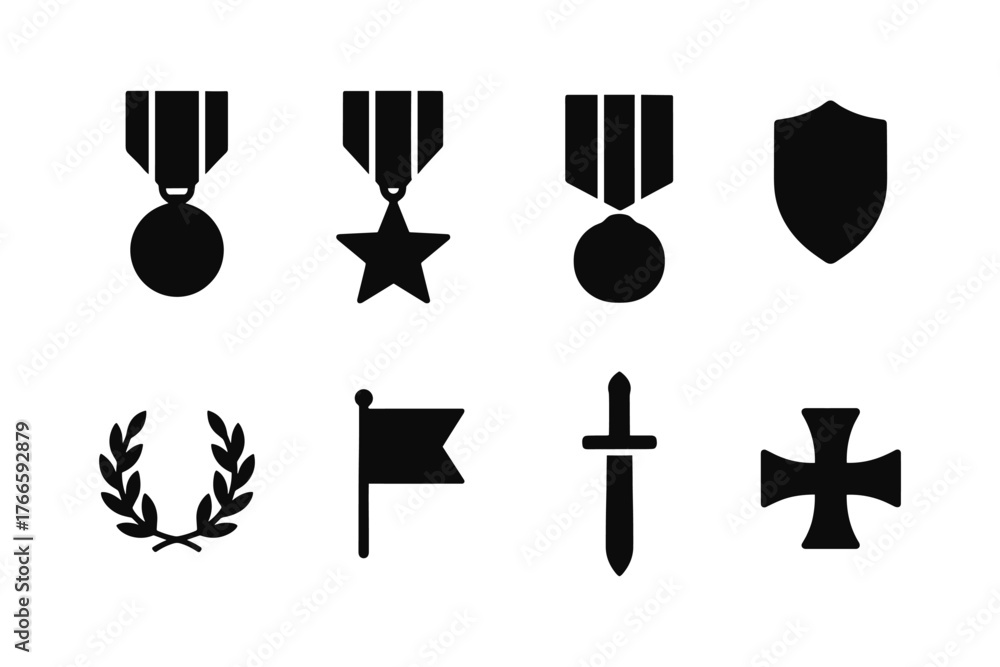 Military symbols set featuring medals, shields, and cross icons in ...