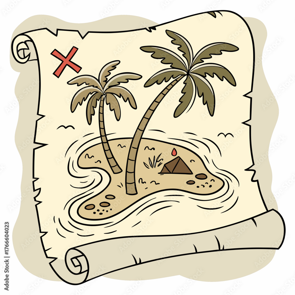 Cartoon treasure map showing a tropical island with palm trees and an x ...
