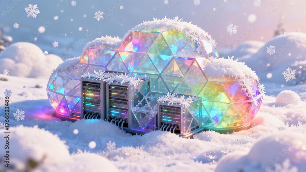 Colorful Cloud Computing Servers in Icy Winter Data Center Geodesic ...