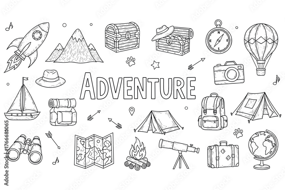 Adventure icons: camping, exploration, travel essentials sketch ...