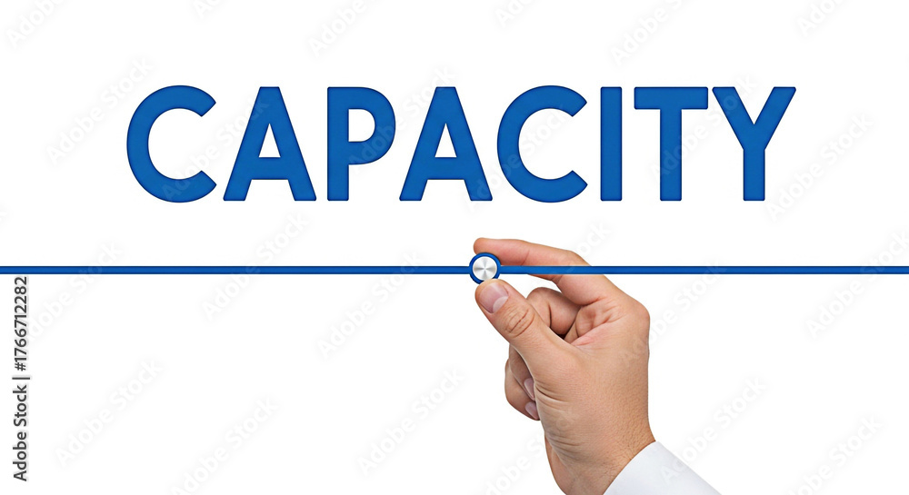 Hand adjusting capacity slider with blue text on a white background ...