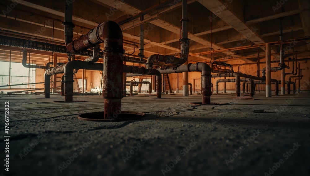 Spanning network of rusted metal pipes crawling across rough concrete ...
