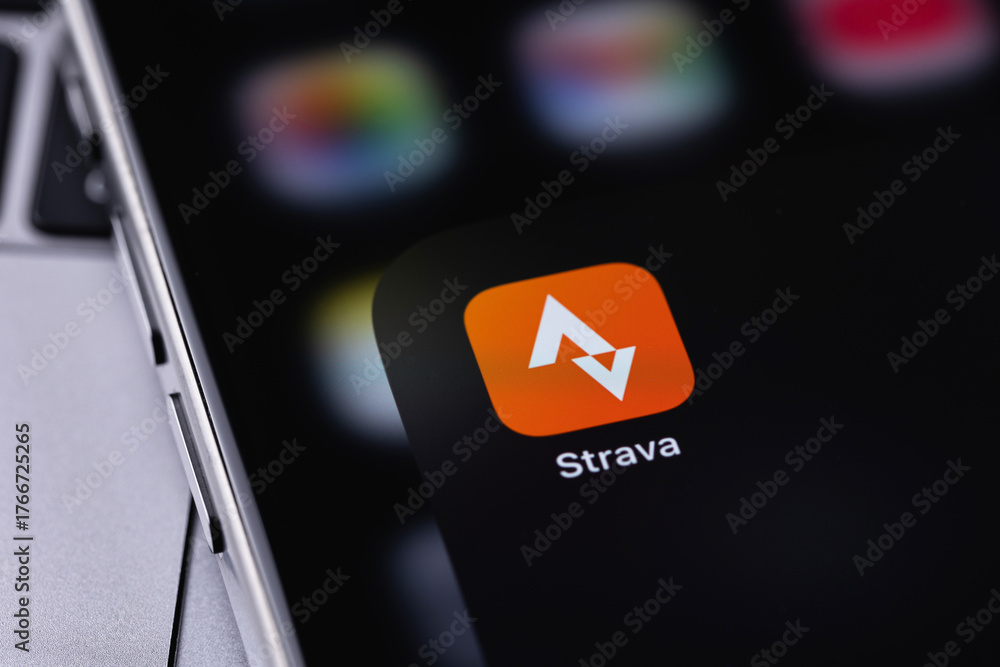 Strava mobile icon app on a screen smartphone iPhone. Strava is a ...