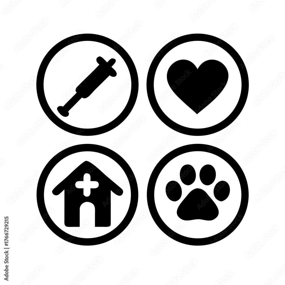 Vector art of veterinary care icons syringe, heart, animal hospital and ...