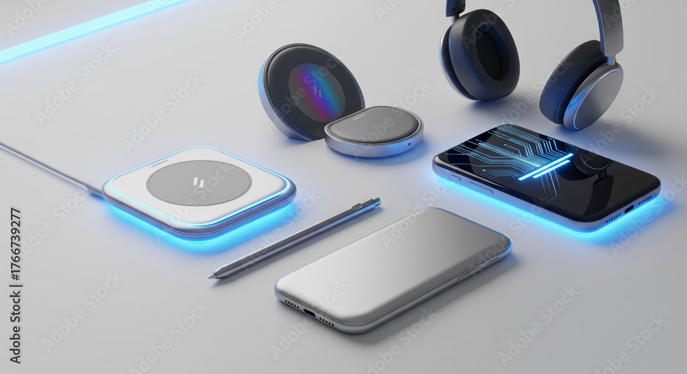Modern smart devices with wireless charging and neon glow Stock Photo ...