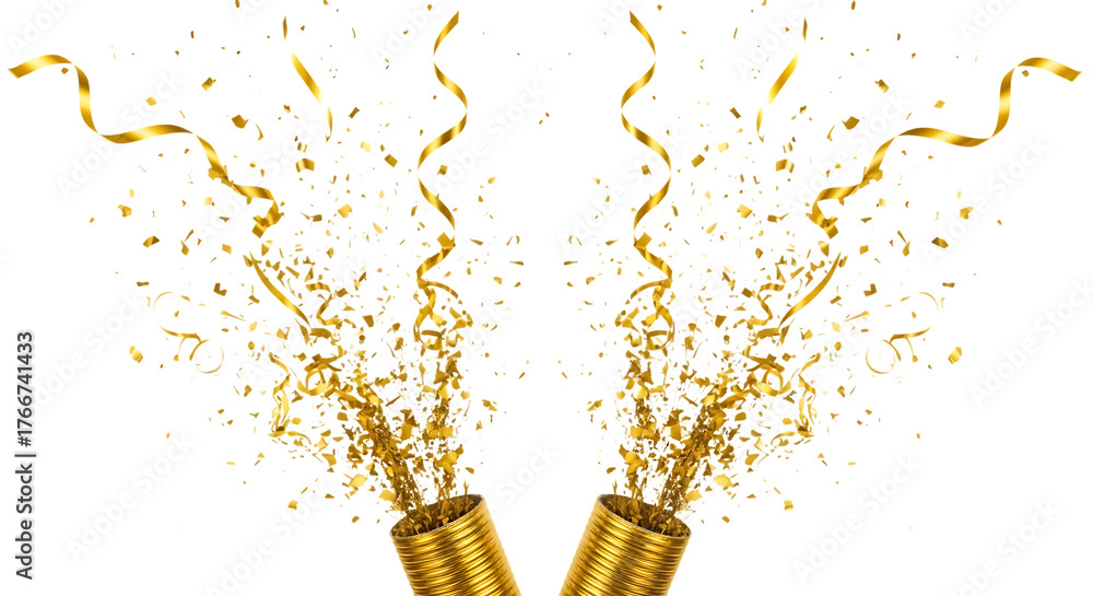 Golden confetti and streamers exploding from party poppers isolated on ...