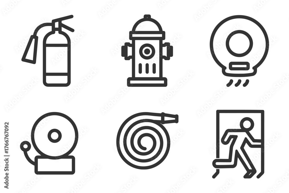 A series of black and white icons for fire safety equipment. The icons ...