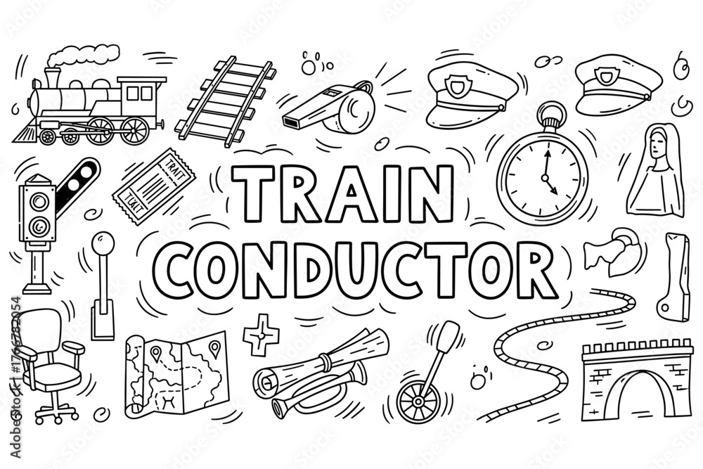 Train conductor doodle art with railway, whistle, and uniform elements ...