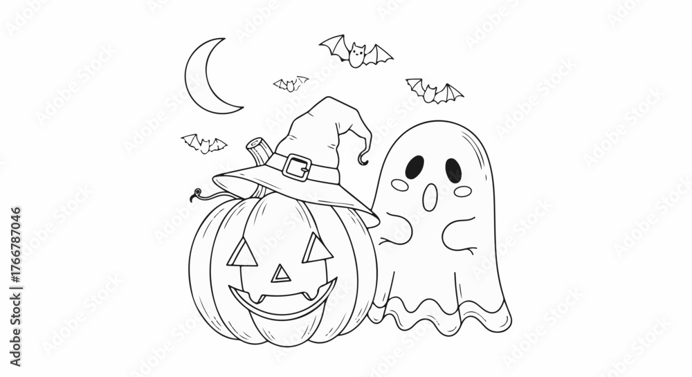 Halloween coloring page showing cute ghost and spooky pumpkin with bats ...