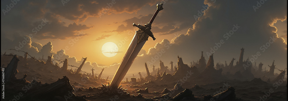 Medieval sword is stuck into ground on battlefield. Banner Stock ...