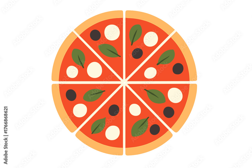Classic Italian pizza divided into eight equal slices with fresh ...