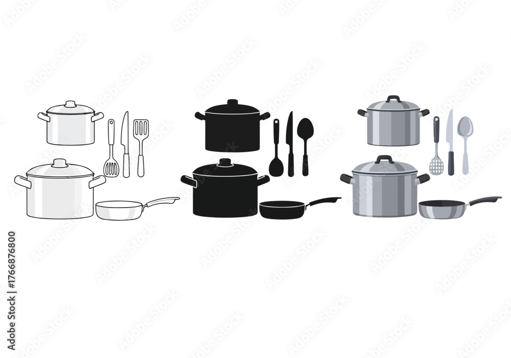 Kitchenware Vector Set in Three Styles — Line Art, Silhouette and Color ...