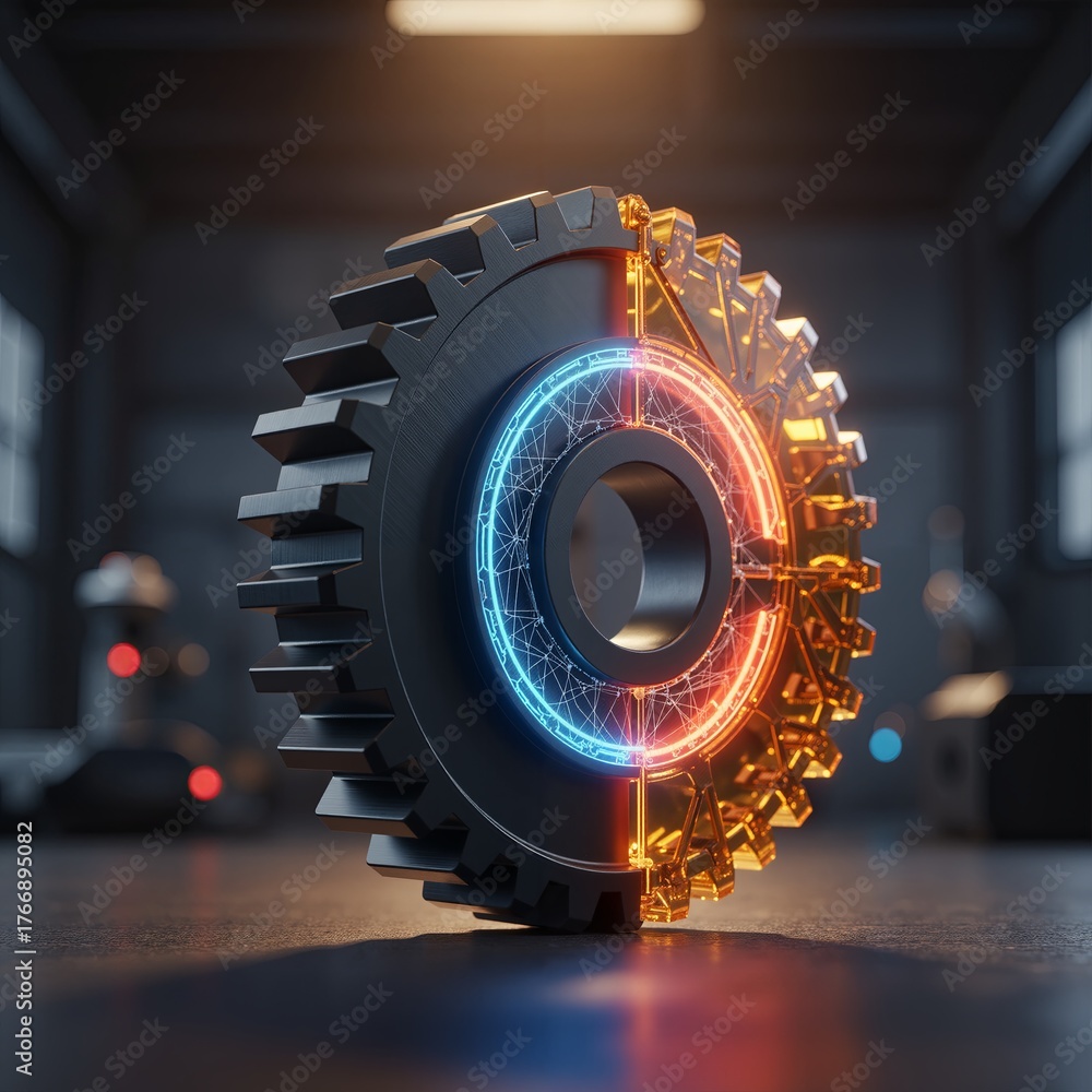 Industrial gear with a transparent, digital half glowing with neon ...