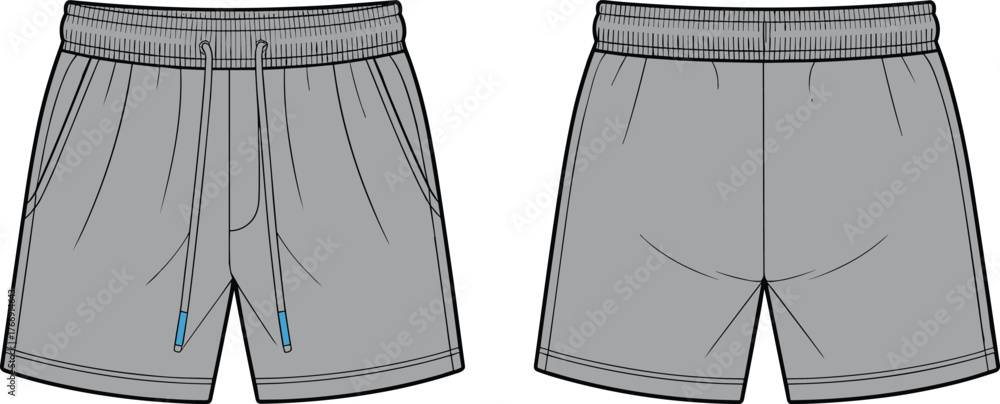 Technical shorts sketch, front and back view, elastic waistband ...