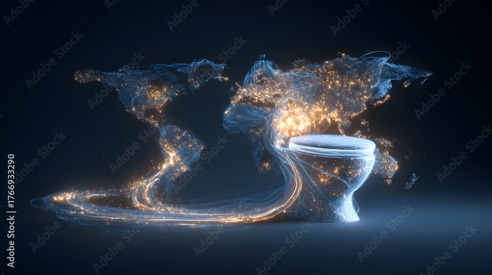 Digital world map and glowing toilet illustrating connection between ...