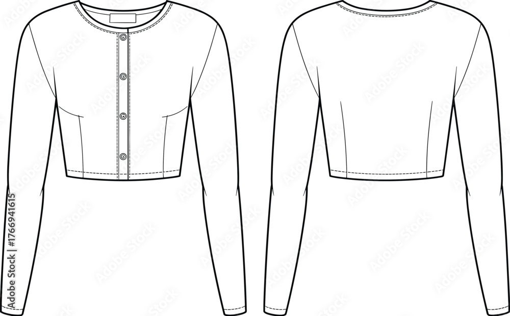 Cropped button front long sleeve cardigan top technical fashion flat ...