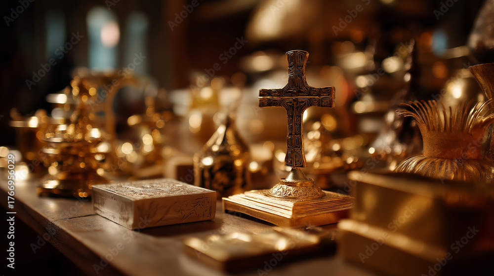 Various spiritual symbols on altar no people visible mystical ...