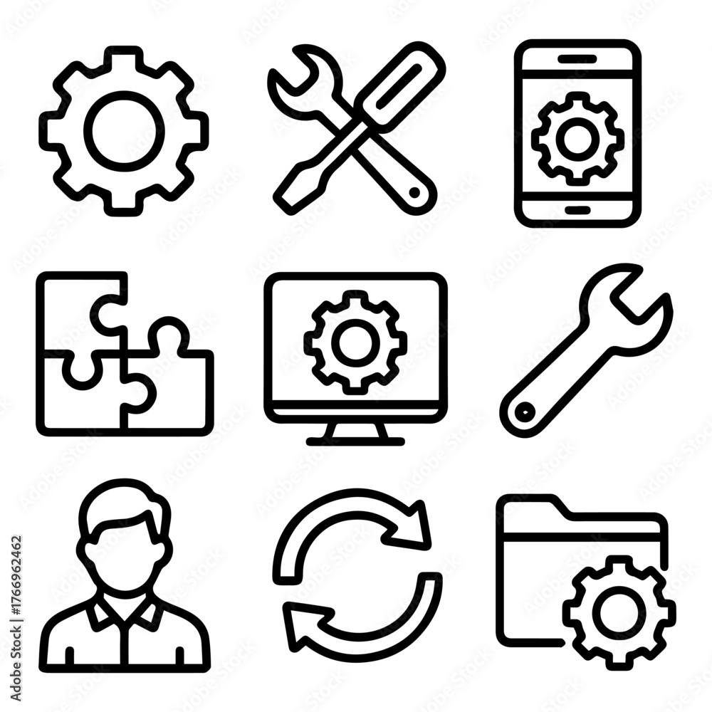 Collection of Line Art Icons Settings, Setup, Repair, and Maintenance ...