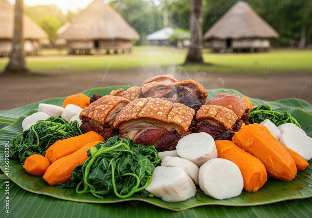 Mumu a traditional papua new guinean feast with roasted pork and root ...