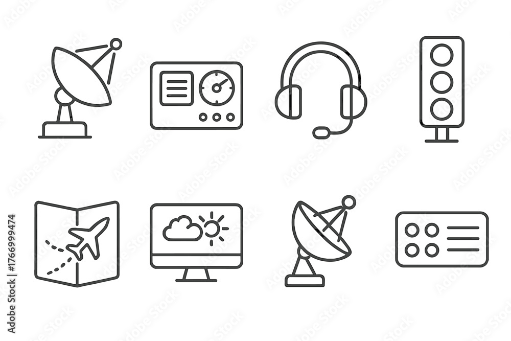 Air Traffic Control Icons. Line style icons of Control Tower: Radar ...