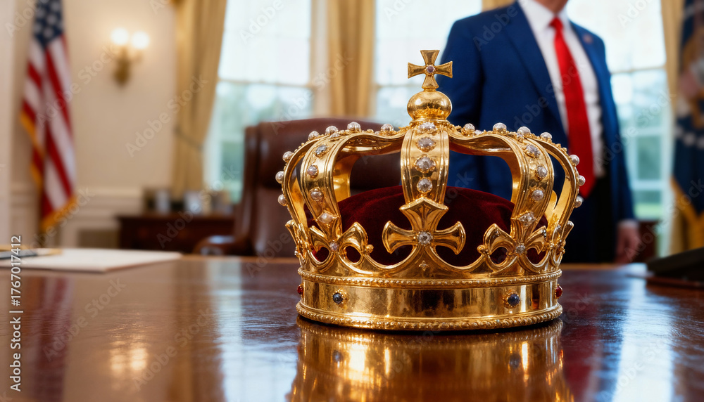 Golden crown on desk inside the oval office with american politician in ...