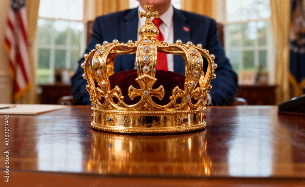 Golden crown on desk inside the oval office with american politician in ...
