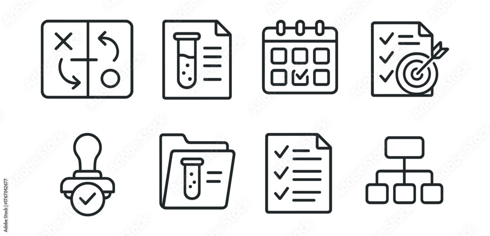 Line style icons of scientific projects: planning board, lab report ...