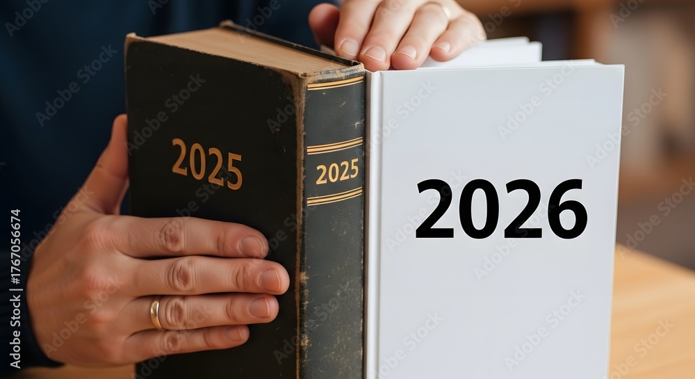 Hands holding a 2025 book next to a 2026 book, symbolizing transition ...