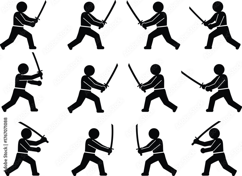 Стоковий вектор Sword fighting silhouette vector illustration, twelve ...