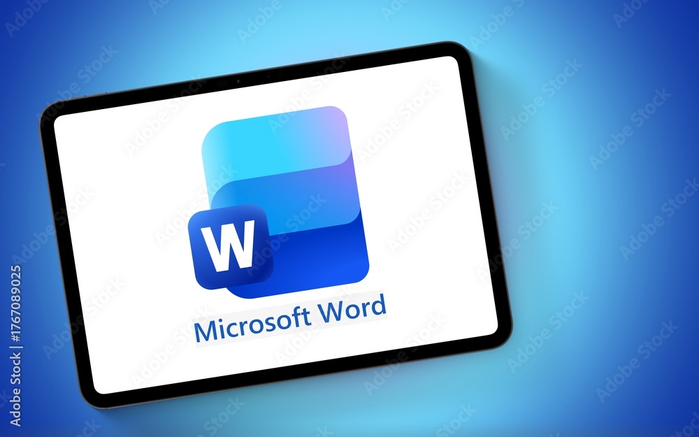 Microsoft Word Logo is displayed on a modern tablet computer laying on ...
