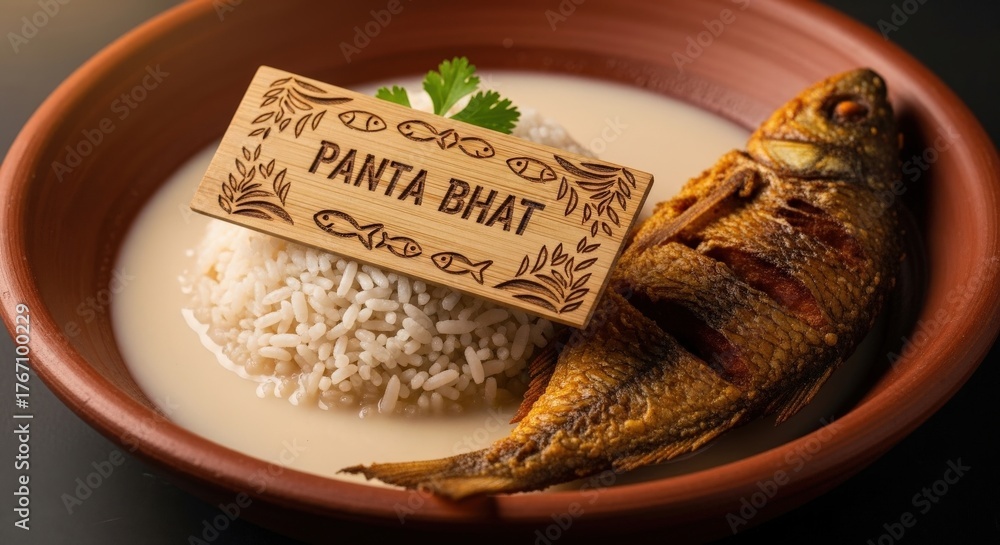 Panta Bhat with Fish on Plate – Bamboo Plaque with Rice Grain & Fish ...