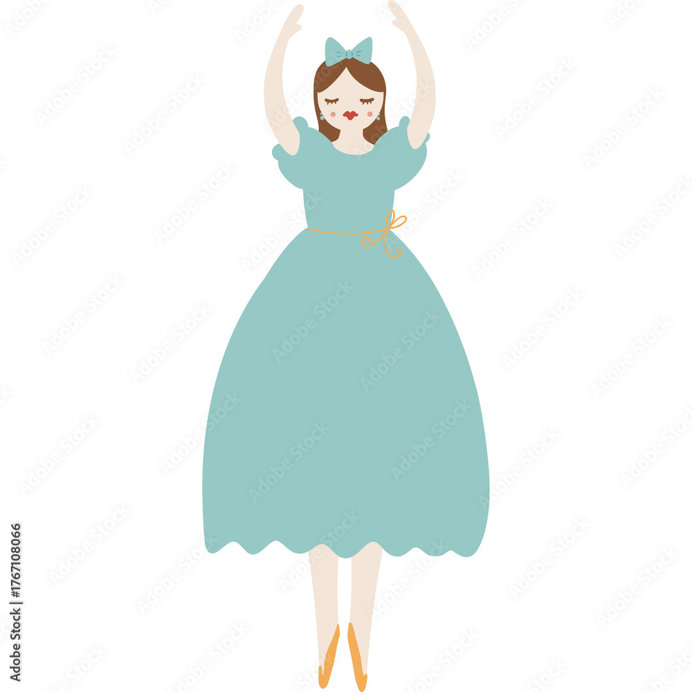 Illustration Stock Ballet dancer in a teal dress and bow with arms ...
