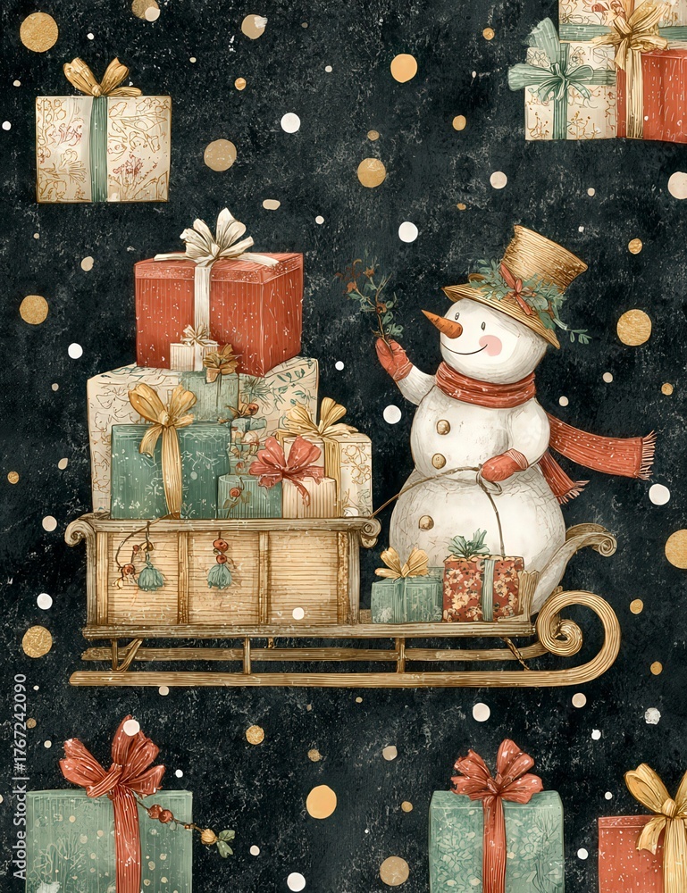 Whimsical vintage Christmas illustrations collection with cute snowmen ...