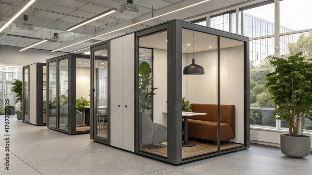 hybrid work environment design Modern office pods designed for ...