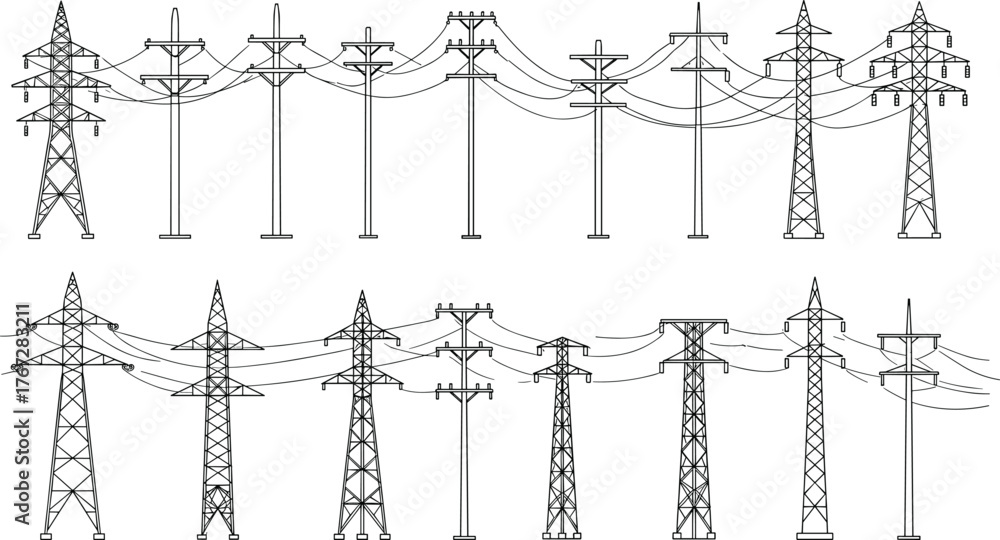 Electrical transmission towers and utility poles, power line infrastructure, lattice steel ...