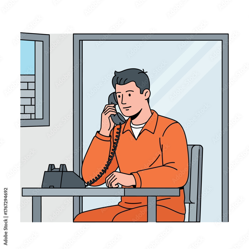 Inmate in orange uniform making a phone call from a secure correctional ...