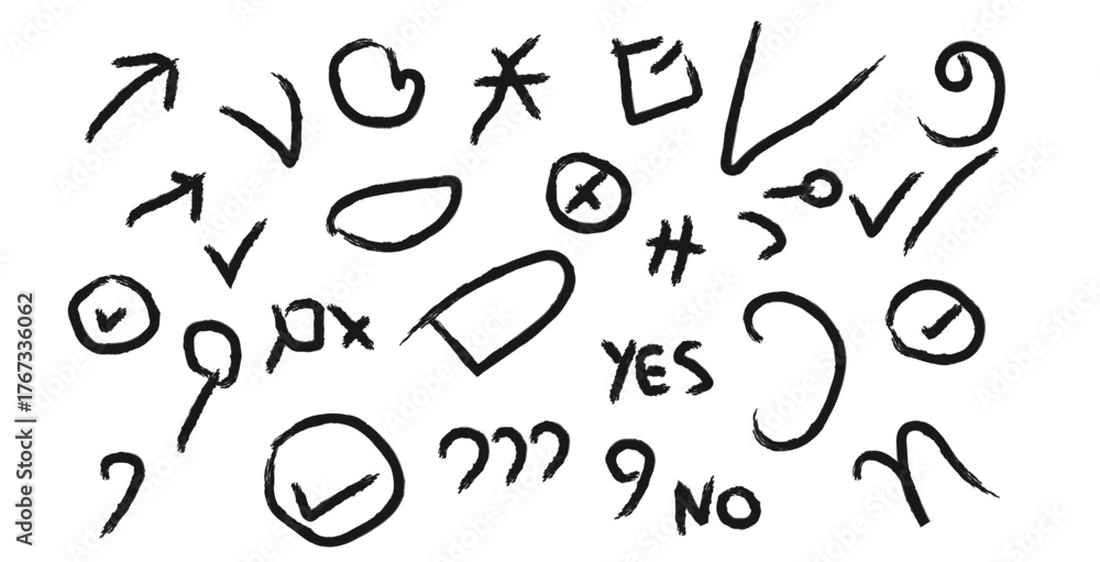 Collection of hand drawn symbols and marks including checkmarks arrows ...