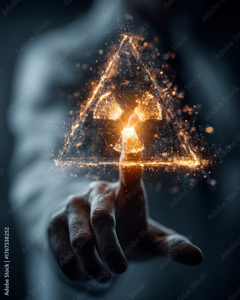 Radiologist interacting with a futuristic radiation symbol ...