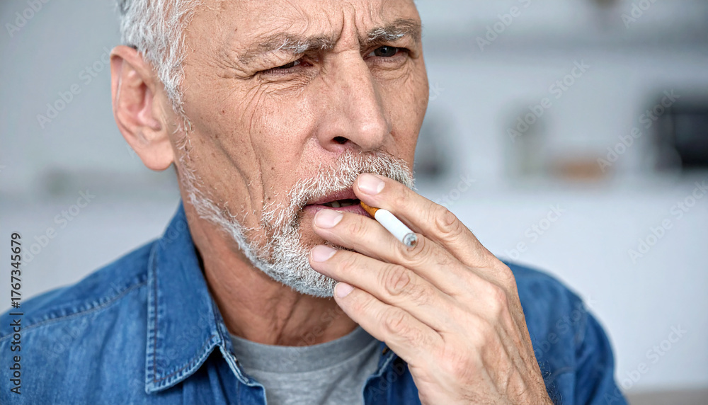 Older male smoker grabbing his chest during a medical emergency or ...