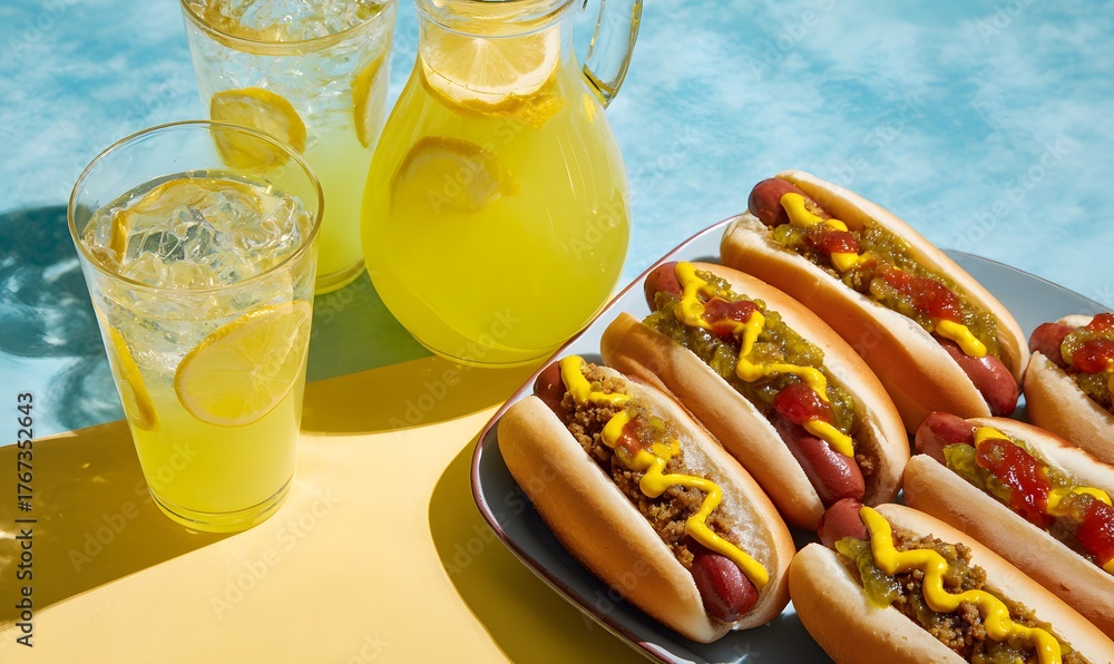 hot dogs and a glass pitcher and tumblers of bright yellow lemonade ...