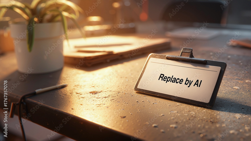 Dramatic close-up of a "Replace by AI" name tag on a thick dusty desk ...