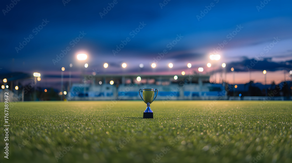 pitch. Empty soccer field at dusk with stadium lights and a trophy in ...