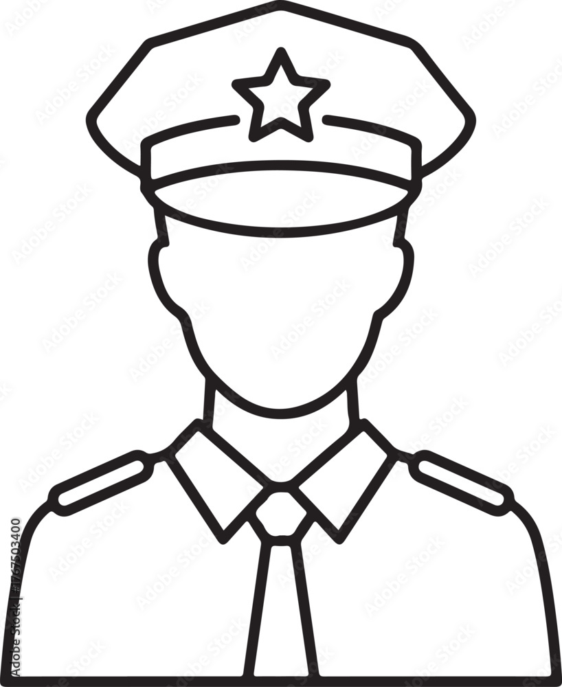 Simple line art icon of a police officer hat and uniform outline for ...